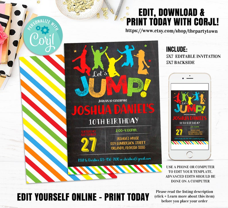 Jump Invitation Editable Jump Birthday Invitation Trampoline Etsy
