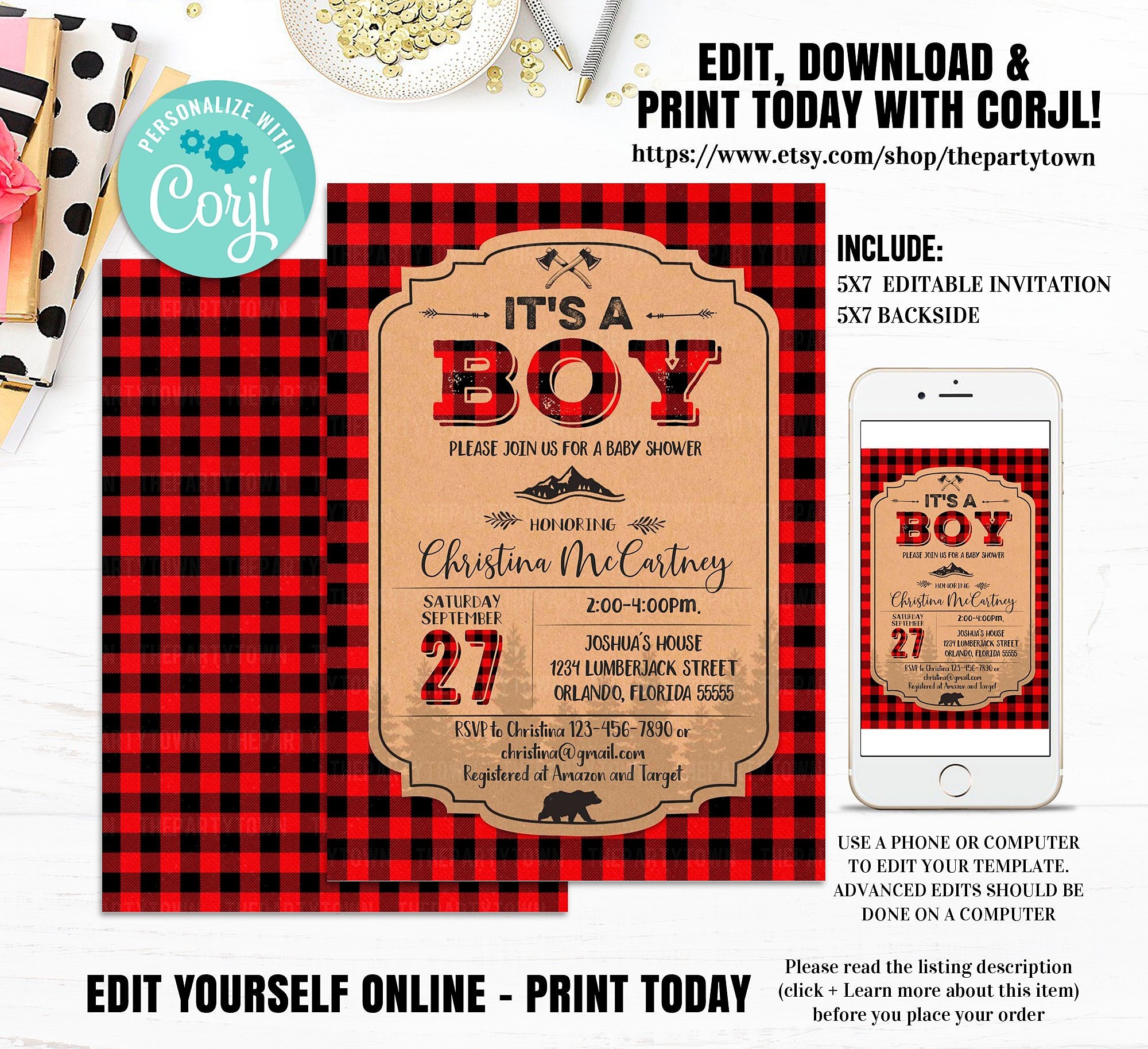 Editable LUMBERJACK BABY SHOWER Invitation It's a Boy - Etsy