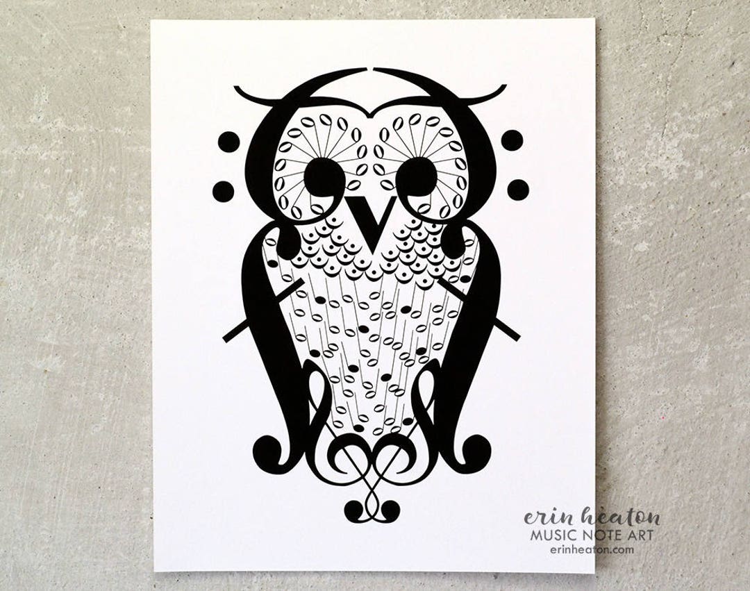 OWL Music Note Art Print - 5x7, 8x10, 11x14 Fine Art Print / Black and ...
