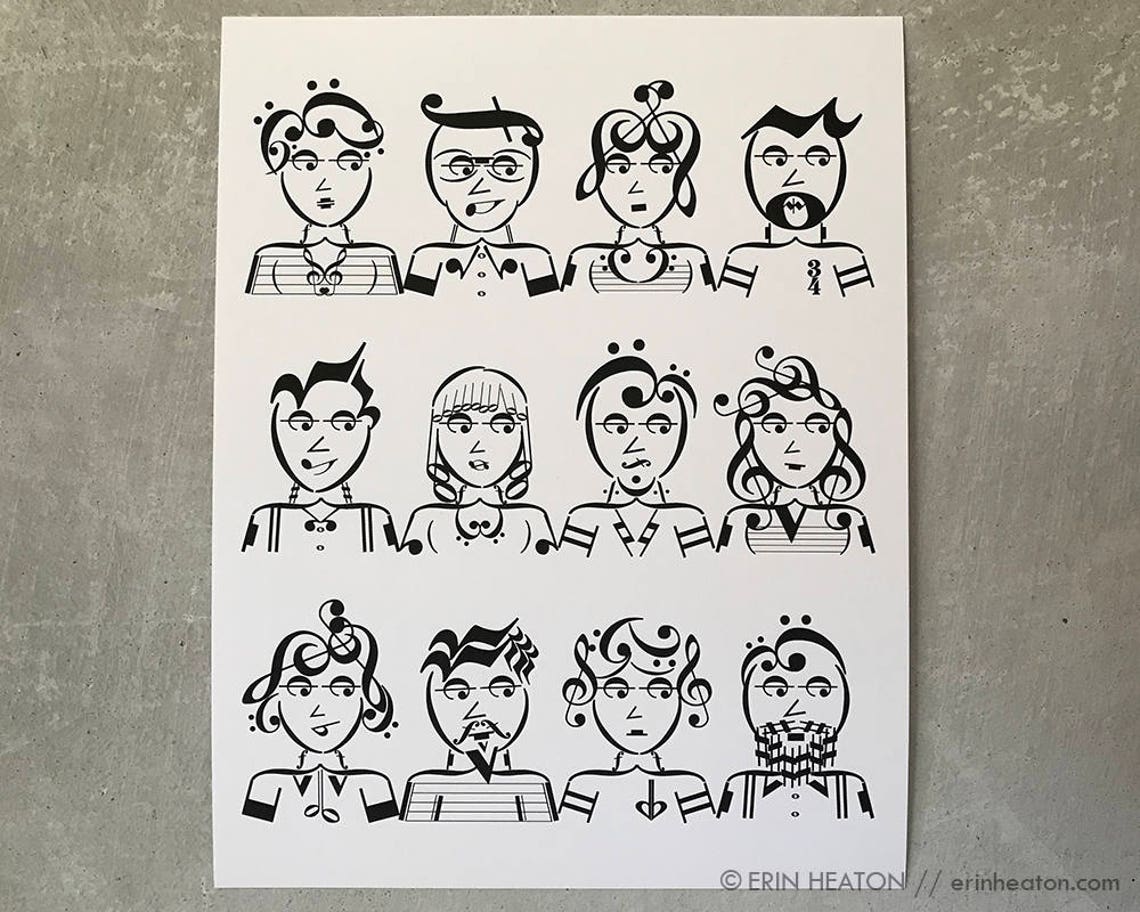 Music Note Gift / 11x14-inch MUSIC FACES Art Print / Black and | Etsy