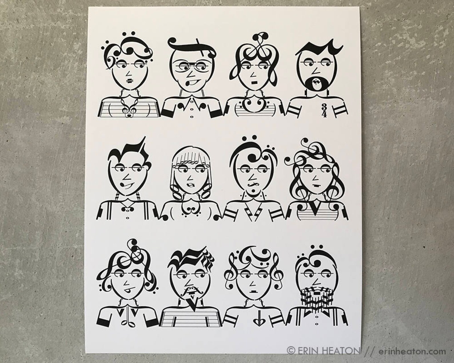 Music Note Gift / 11x14-inch MUSIC FACES Art Print / Black and | Etsy