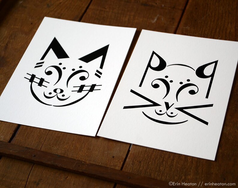 Music Note CAT Art Prints 5x7 8x10 11x14 Set of 2 Black | Etsy