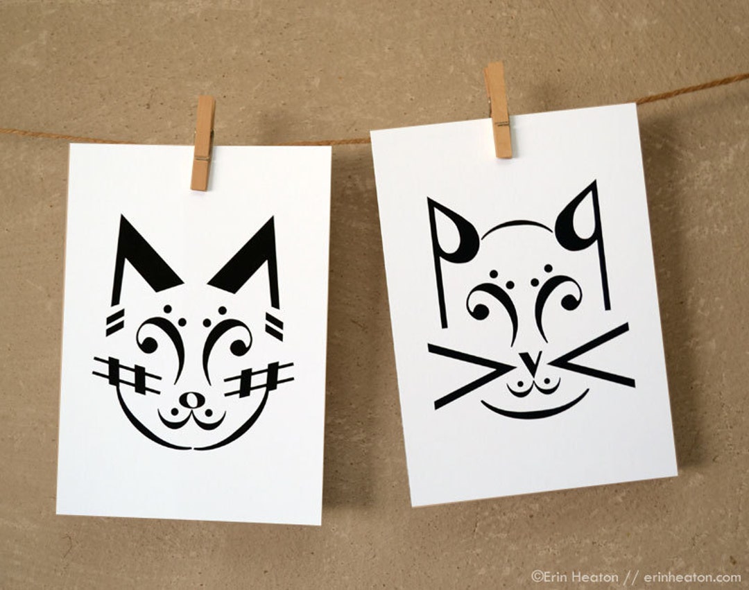 Music Note CAT Art Prints 5x7, 8x10, 11x14, Set of 2 Black and White ...