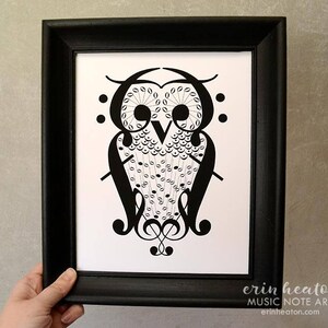 OWL Music Note Art Print - 5x7, 8x10, 11x14 Fine Art Print / Black and ...