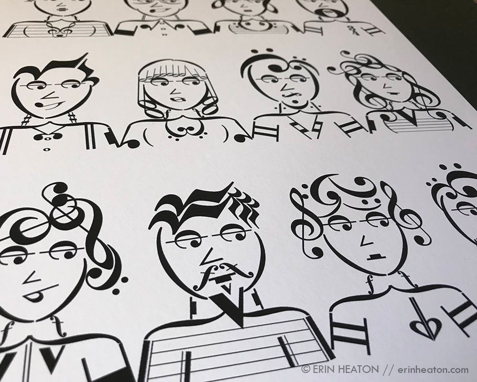 Music Note Gift / 11x14-inch MUSIC FACES Art Print / Black and | Etsy