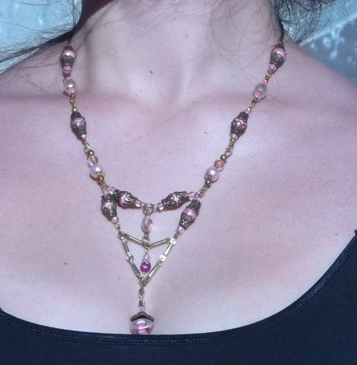 Pink Heart Necklace Gold and Pink Necklace Hand Made Lariat Y Necklace ...