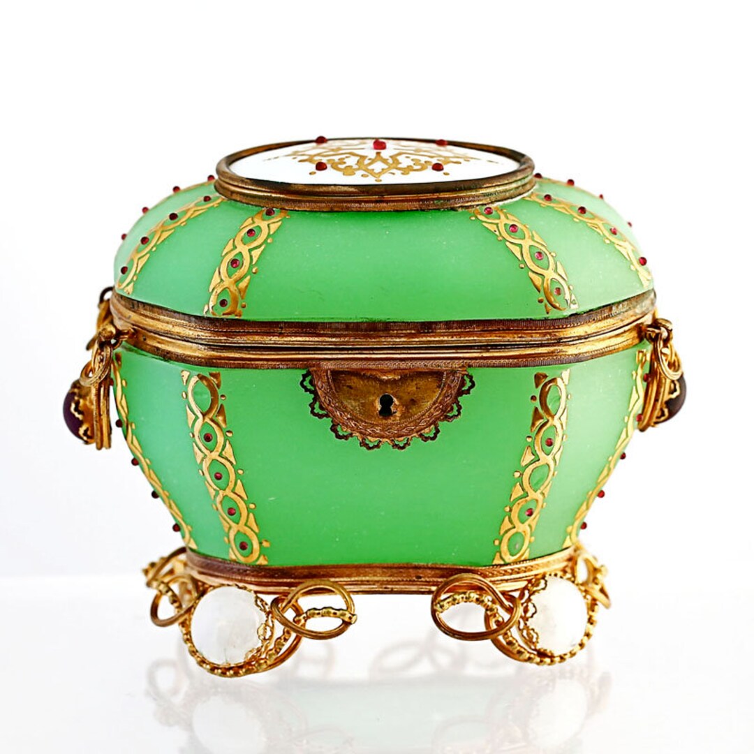 Antique French Jewelled Green Opaline Glass Box or Casket - Etsy