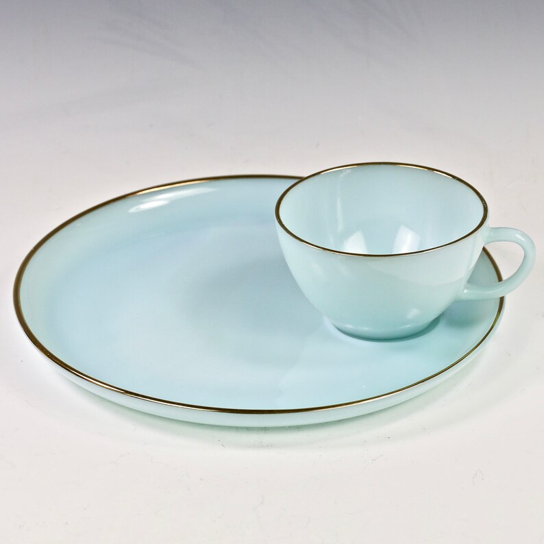 Fire King Turquoise Blue 12 Piece Snack Set Cups Plates 22k Gold ...