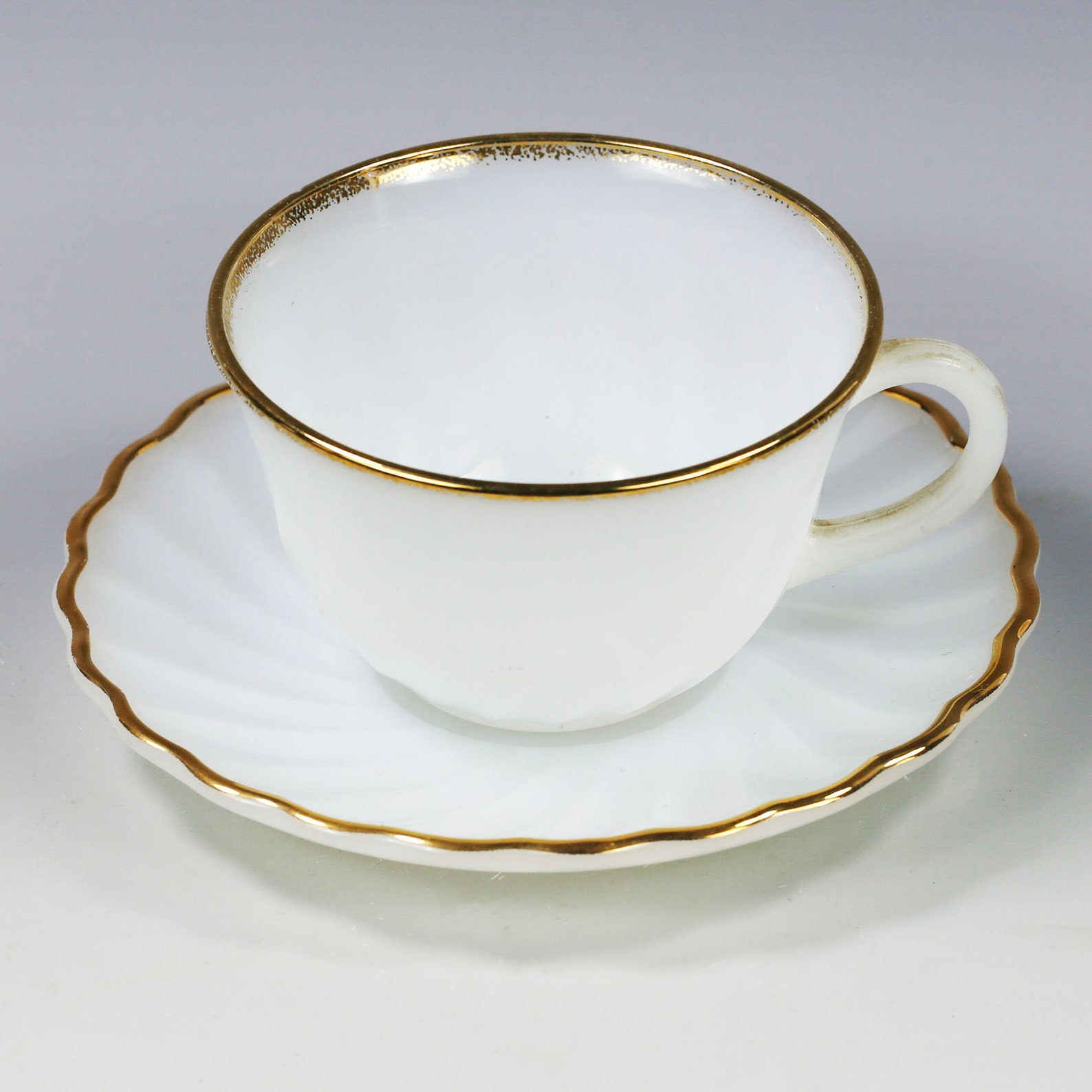 Vintage Tea Set Cup and Saucer Anchor Hocking Golden Shell Milk White ...