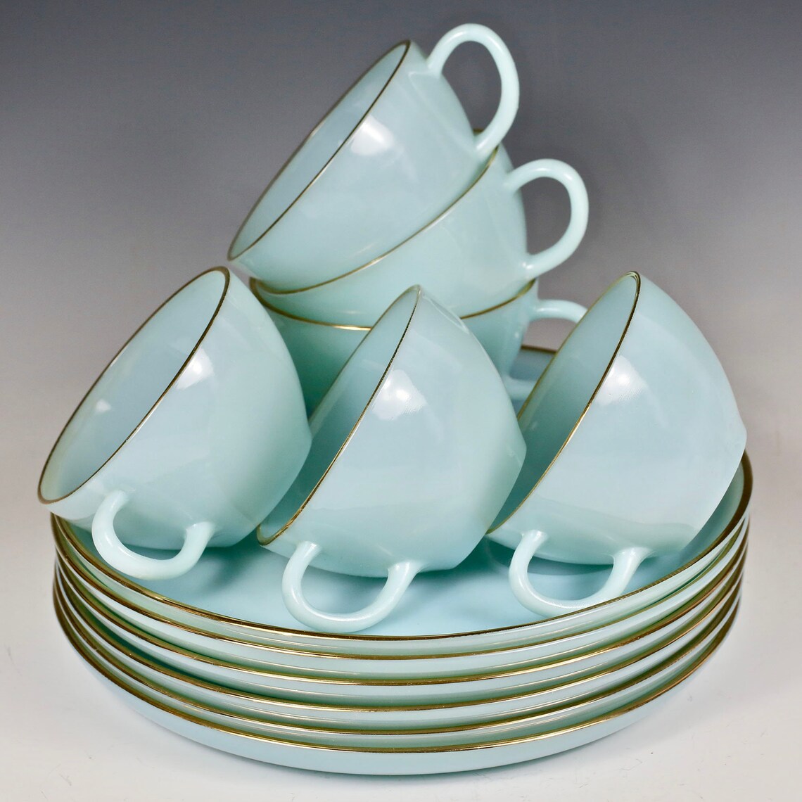 Fire King Turquoise Blue 12 Piece Snack Set Cups Plates 22k Gold ...