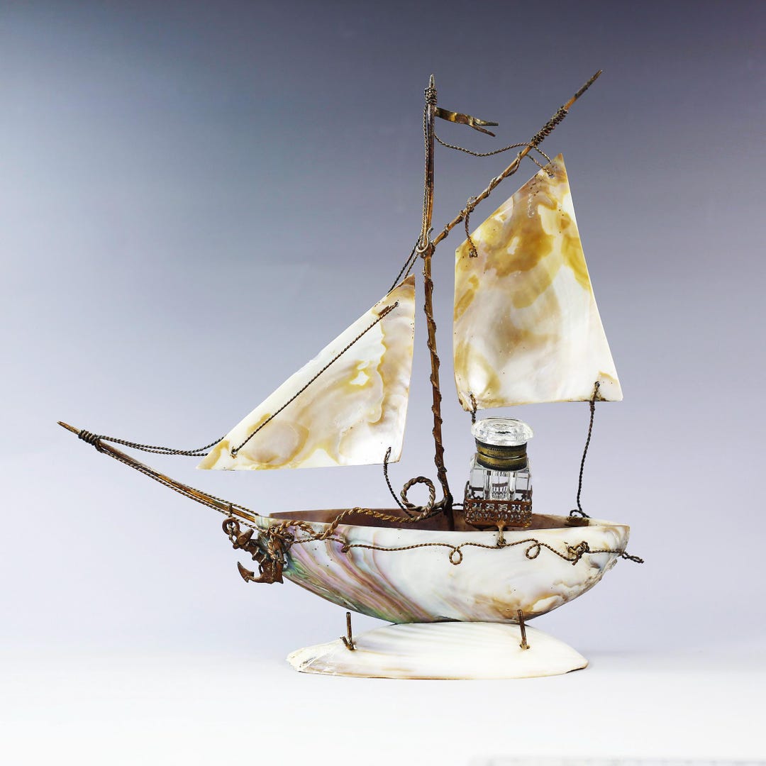 Antique French Mother of Pearl Sailboat Inkwell Ship Ink Well Napoleon ...