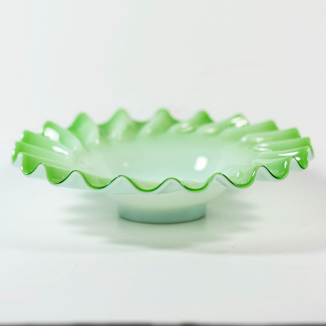 Vintage Green Overlay White Art Glass Frilled Candy Dish, Hand Blown ...