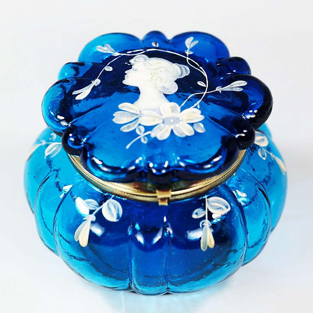 Antique Victorian Aqua Blue Glass Jewelry Box: Enamel Floral Decor - Etsy