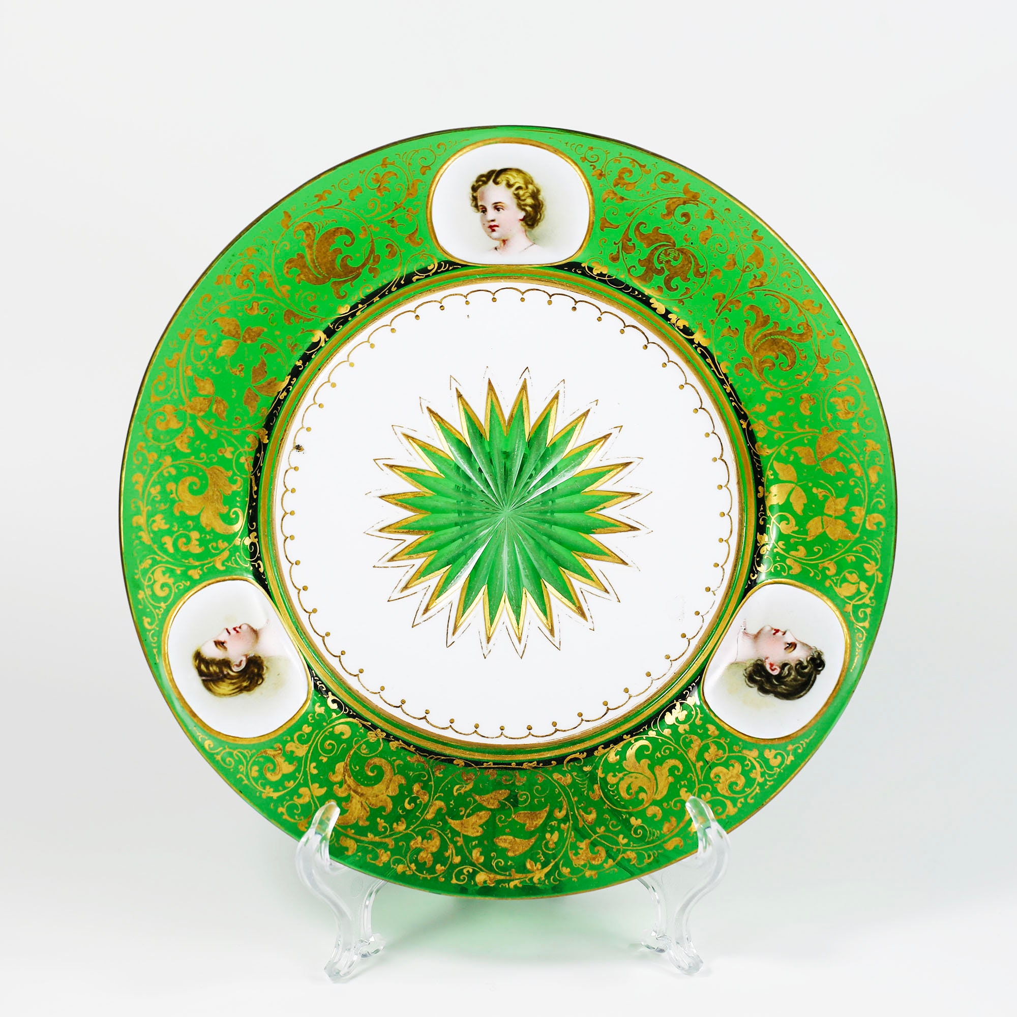 Antique Bohemian Moser Harrach Green Art Glass Plate With 3 Porcelain ...