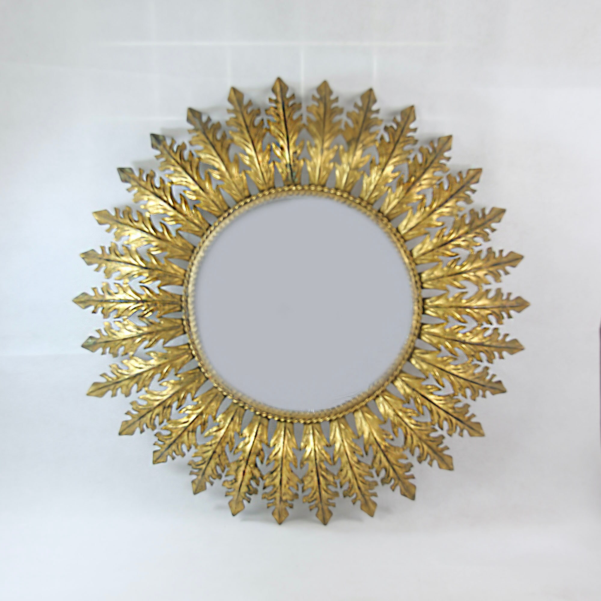 Vintage Gilt Metal Sunburst Sun Mirror With Leaf Motif Ormolu Frame ...