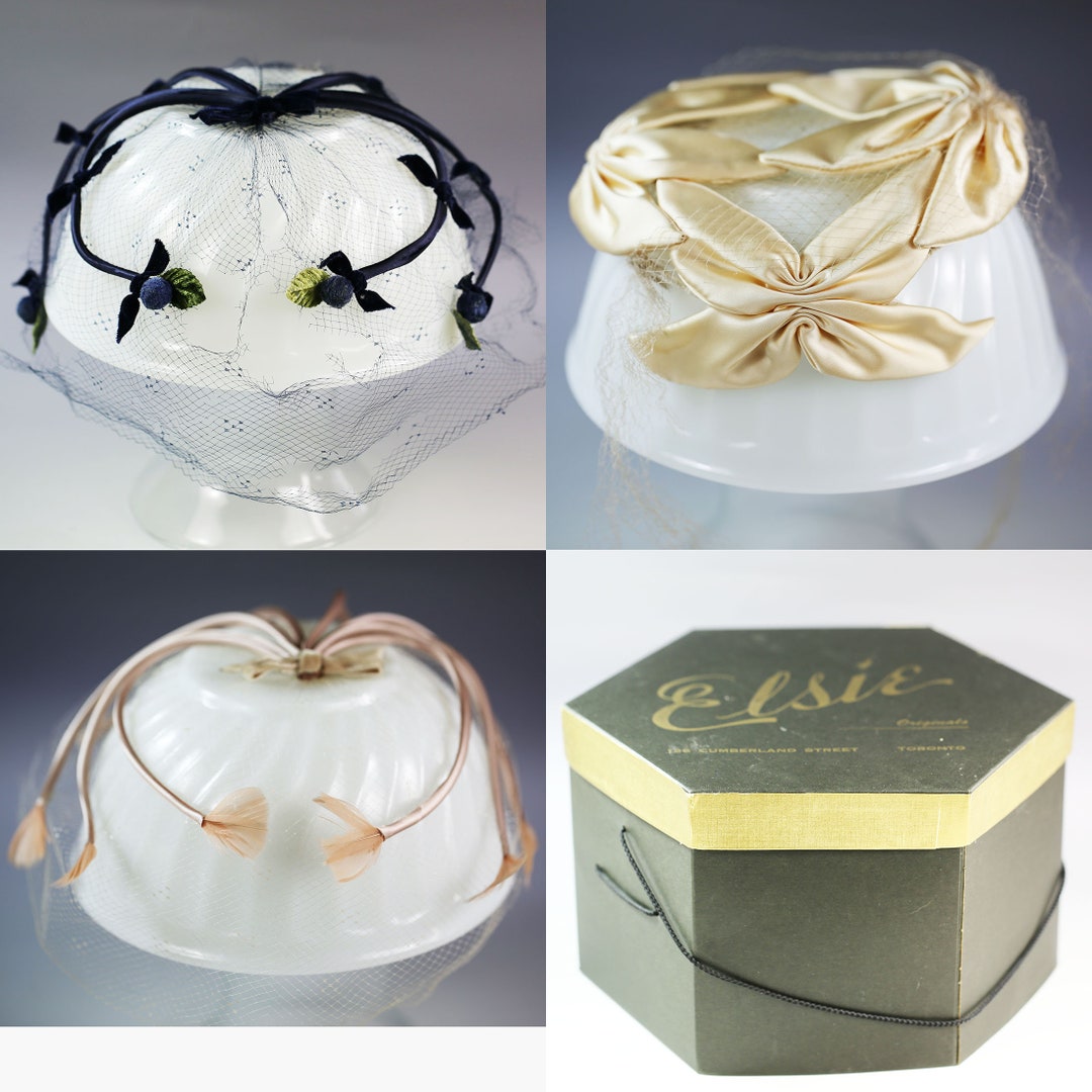 Lot of 3 Vintage 1950s Lady Fascinator Hat Woman's Elegant Bonnet Headdress Velvet Bow and ...