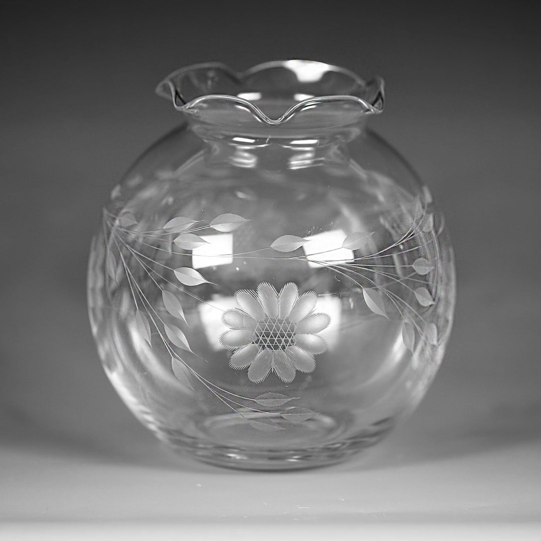 Vintage Clear Crystal Glass Vase Hughes Etched Cornflower Globe Shaped ...