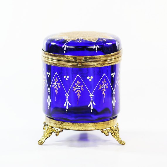 Antique Victorian Royal Blue art glass round Trinket … - Gem