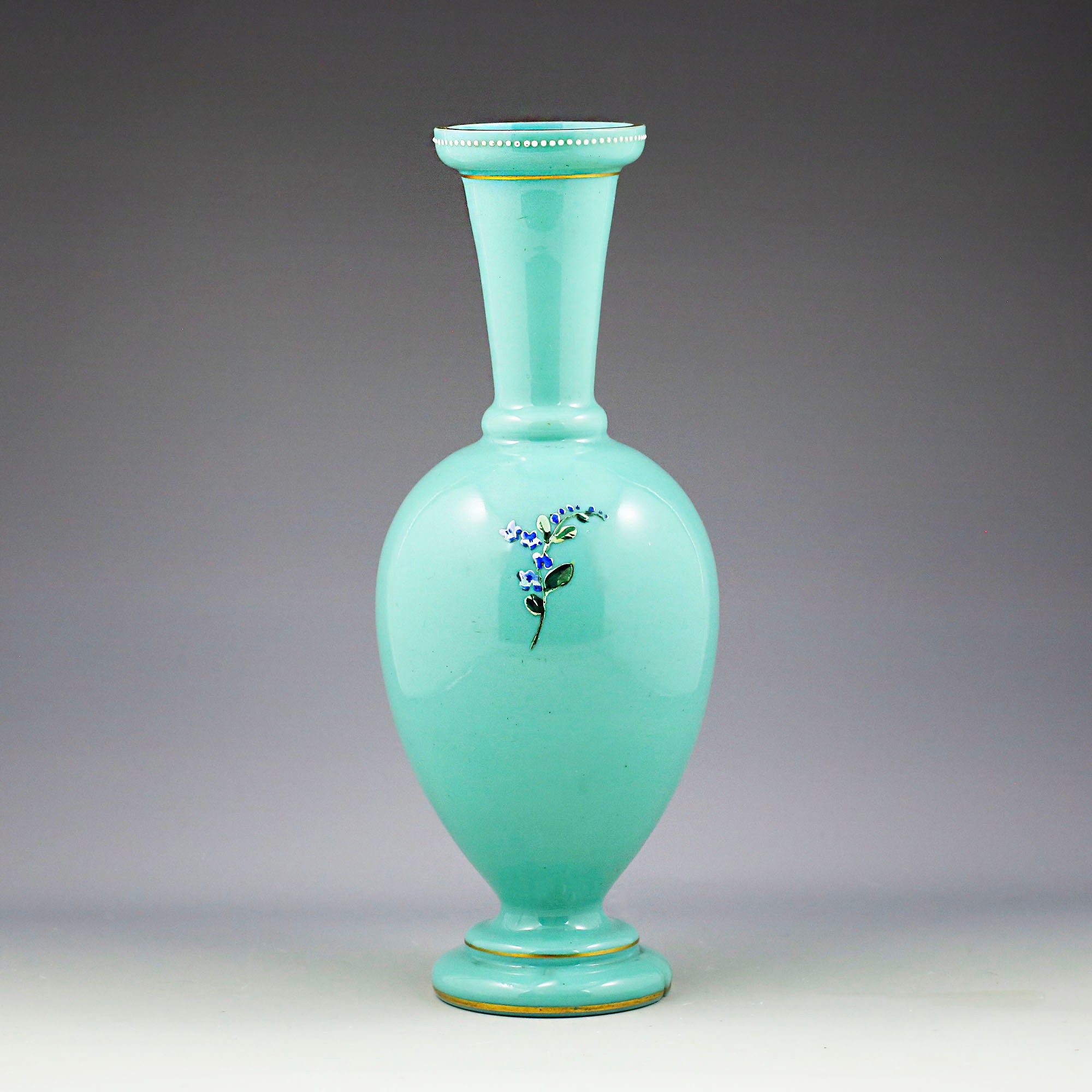 Antique Bohemian Turquoise Opaline Glass Vase Birds and Flower Enamel ...