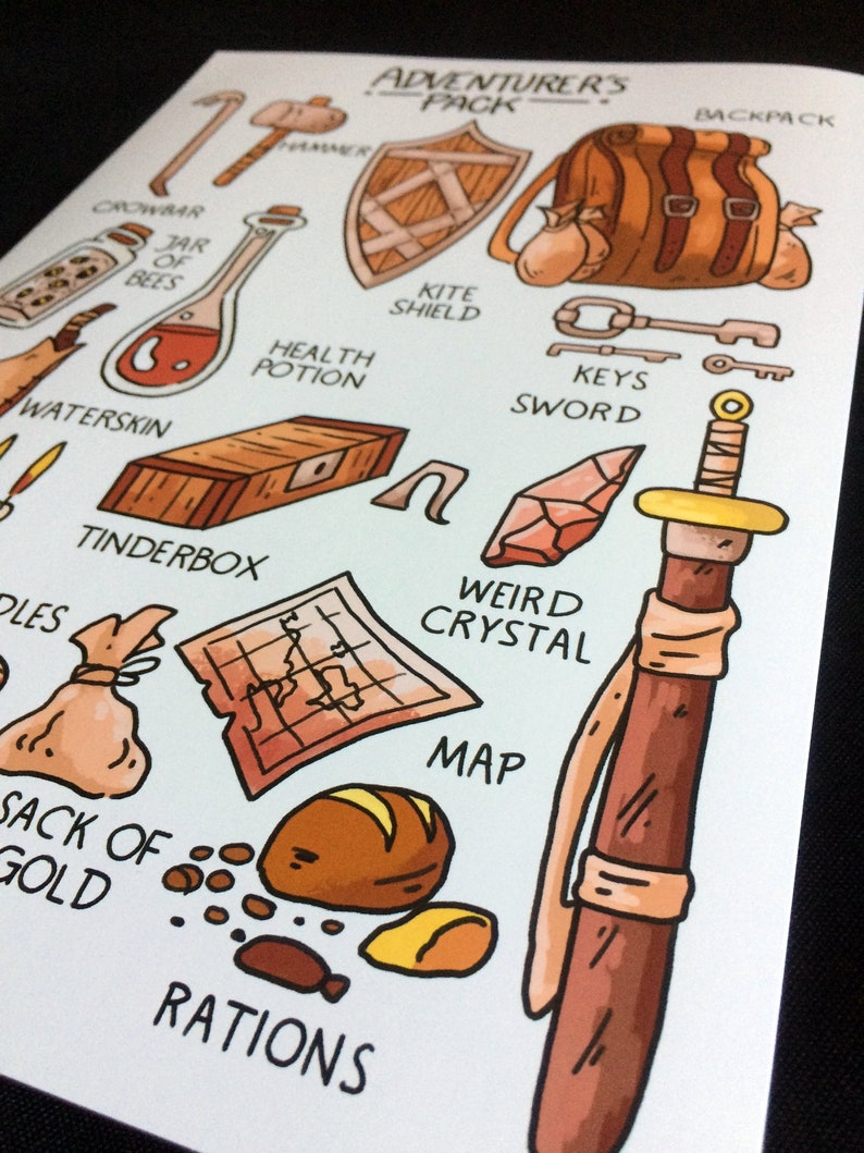 D&D Adventurers Pack A4 Print // DnD Gift Class Fantasy Items | Etsy