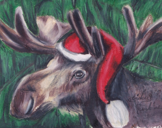 Maine Christmas Moose With Santa Hat in an 8x10 Double Mat. - Etsy
