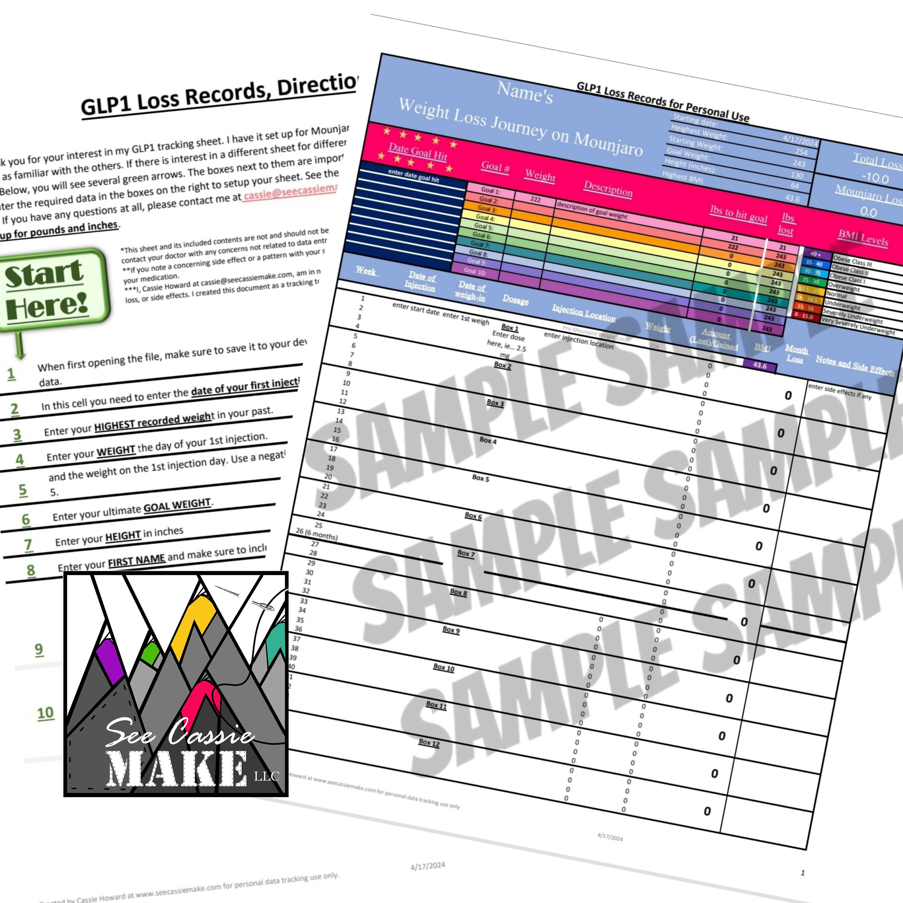 GLP1 Mounjaro Zepbound Tirzepatide Tracking Template Excel BMI and ...