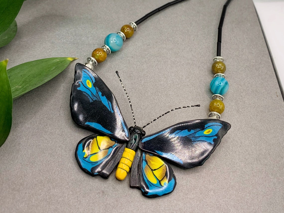 Blue Bird Wing Butterfly Necklace With Agate - Etsy