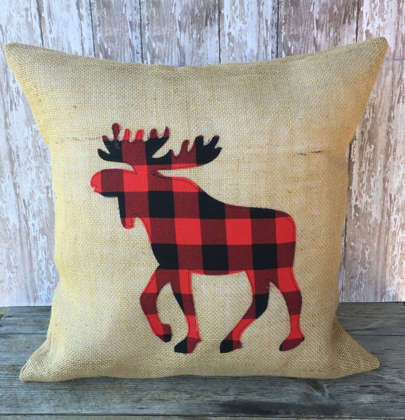 Buffalo Check Moose Bear or Snowflake Burlap Pillow Cover | Etsy