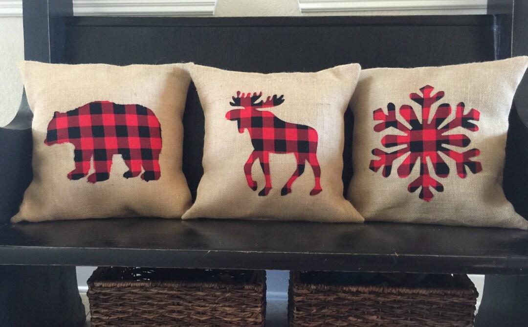 Buffalo Check Moose, Bear or Snowflake Burlap Pillow Cover Throw Pillow ...