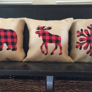 Buffalo Check Moose, Bear or Snowflake Burlap Pillow Cover Throw Pillow ...