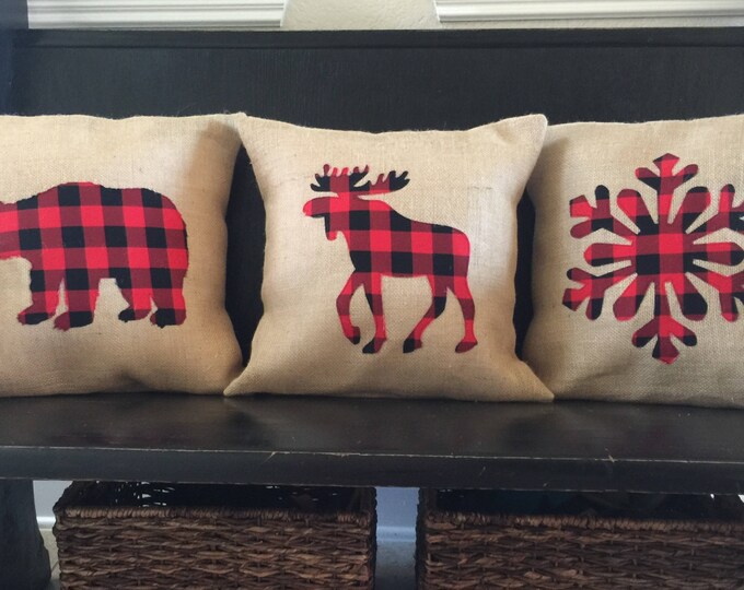 Buffalo Check Moose Bear or Snowflake Burlap Pillow Cover | Etsy