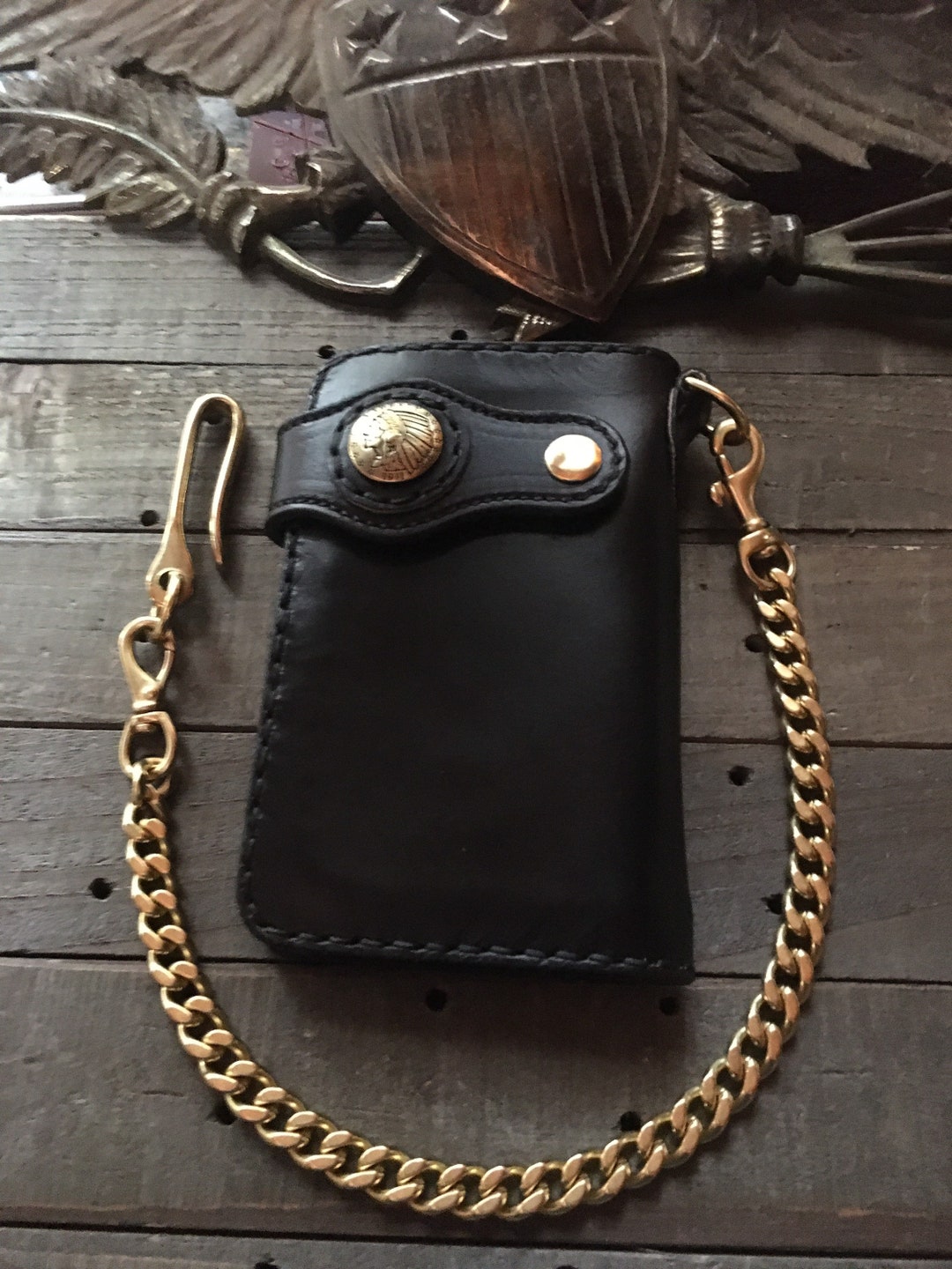 Handmade Leather Mid Wallet Biker Wallet Chain Wallet (black/brass) - Etsy