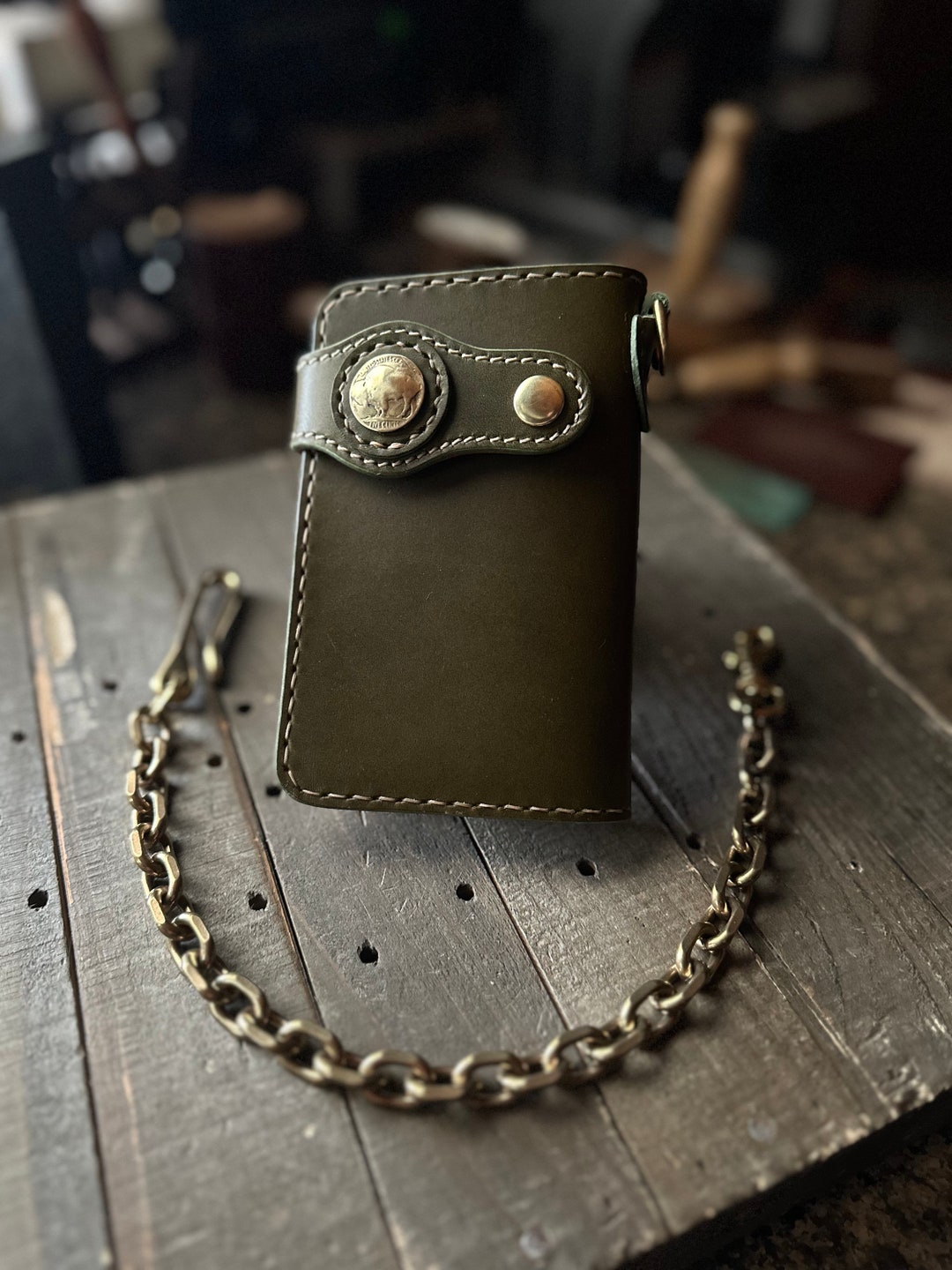 Handmade Leather Mid Wallet Biker Wallet Chain Wallet (olive) - Etsy