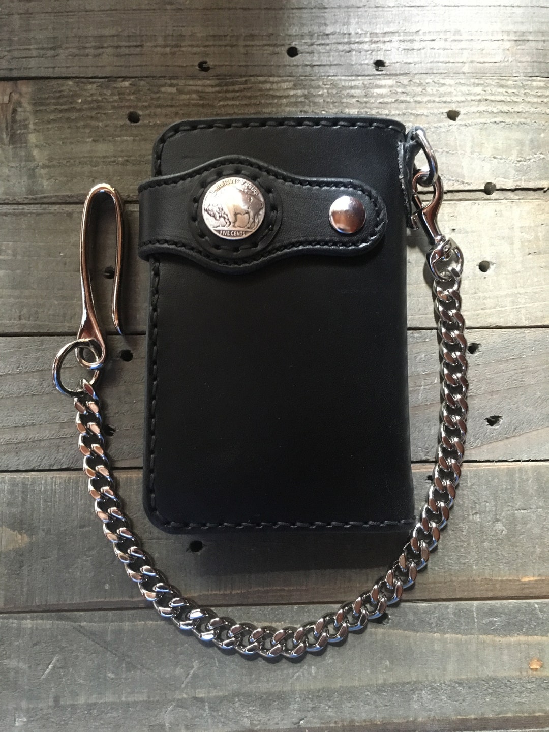 Handmade Leather Mid Wallet Biker Wallet Chain Wallet (black/silver) - Etsy