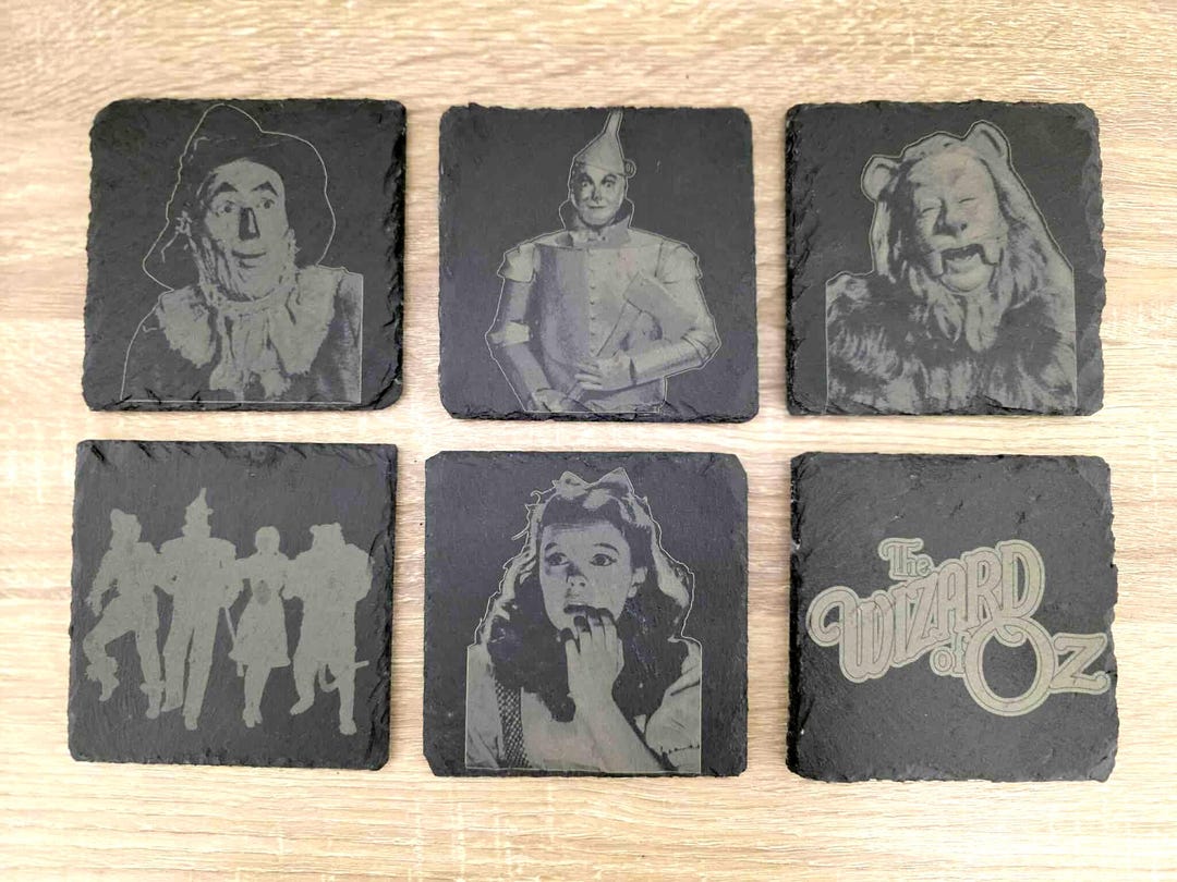 Six (6) Wizard of Oz Laser Engraved Slate Coasters With Coaster Caddy ...