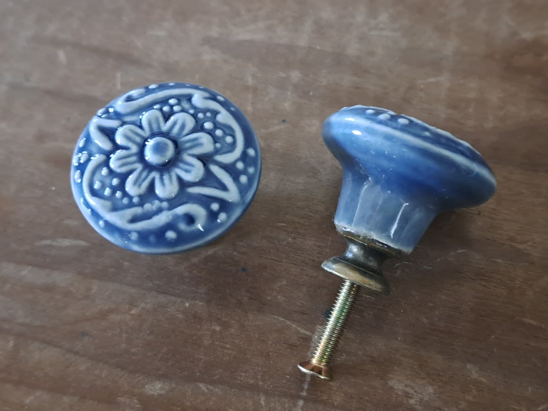 Set of 2 Ceramic Vintage Style Blue Knobs 1.34 Drawer Pull Knobs - Etsy