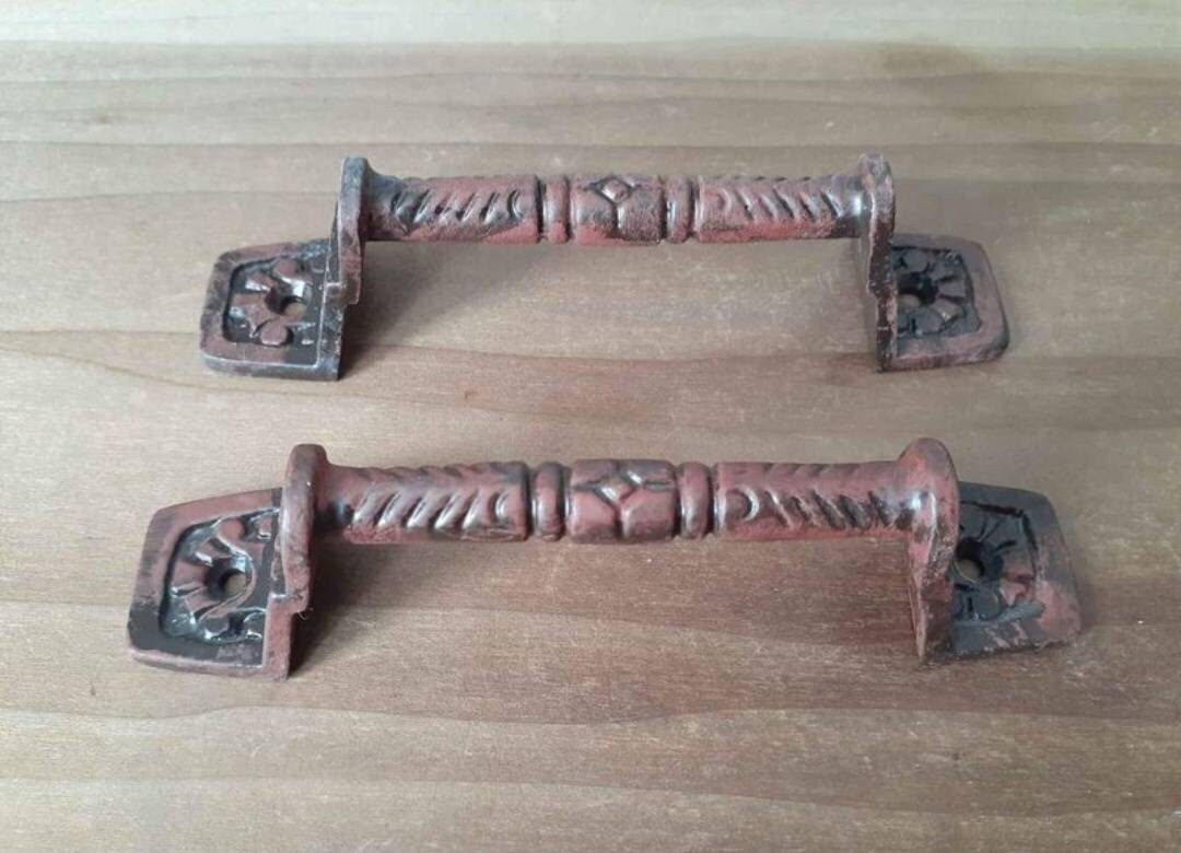 Set of 2 Cast Iron Vintage Style Rustic Red Distressed Handle Pulls ...