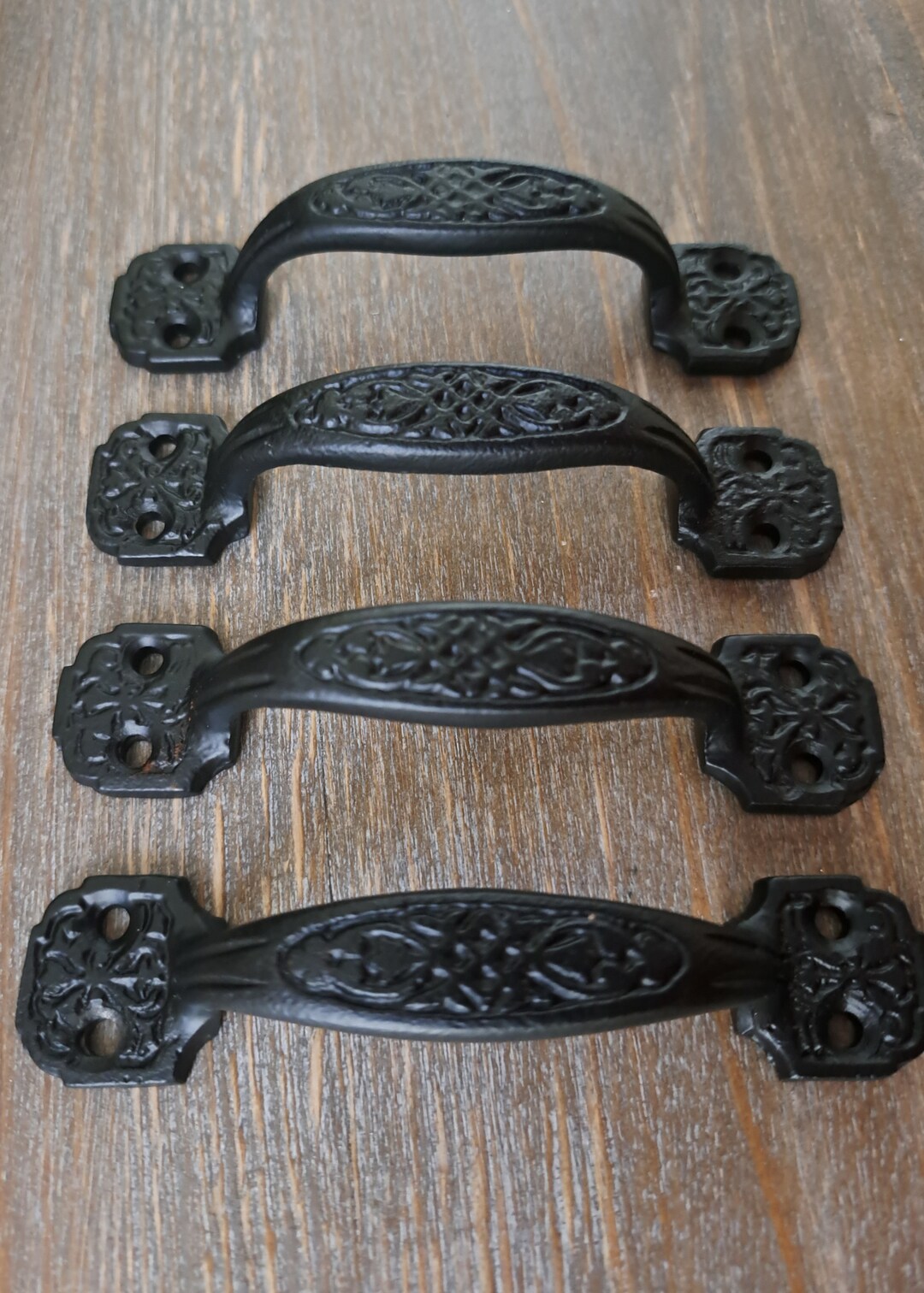 4 Pack Cast Iron Matte Black 4" Engraved Handle Pulls - Cabinet, Drawer ...