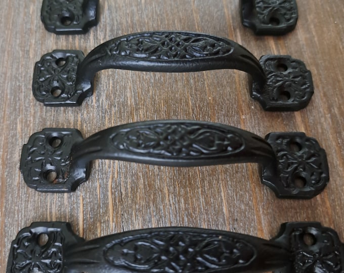 4 Pack Cast Iron Matte Black 4" Engraved Handle Pulls - Cabinet, Drawer ...