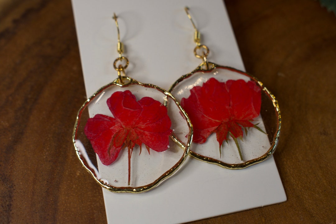 Red Handmade Real Dried and Pressed Flowers in Resin Earrings - Etsy