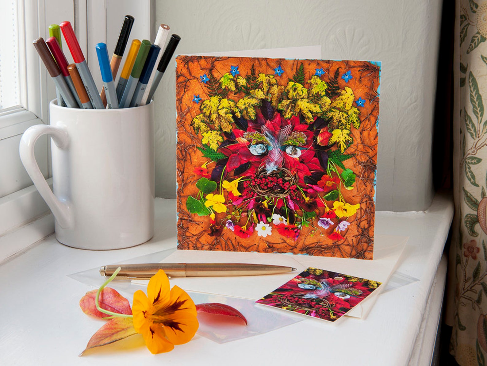 Photo Card, Green Man, Autumn Face, Fall Face, Leaves, Flowers, Nature ...