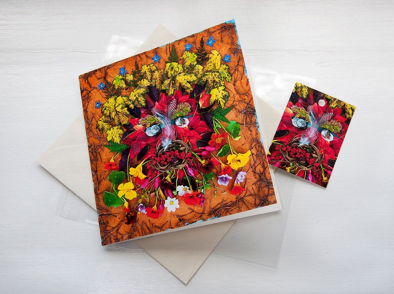 Photo Card, Green Man, Autumn Face, Fall Face, Leaves, Flowers, Nature ...