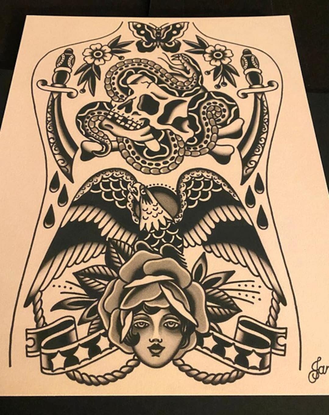 Black & Grey Traditional Tattoo Back-piece Print 11x14 - Etsy