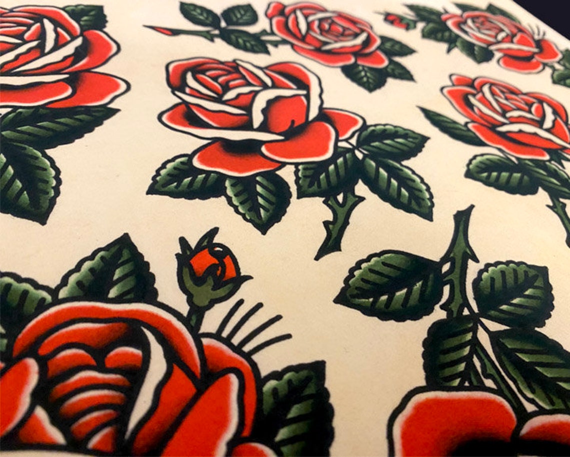 Red Roses Traditional Tattoo Flash Sheet (11x14) - Etsy