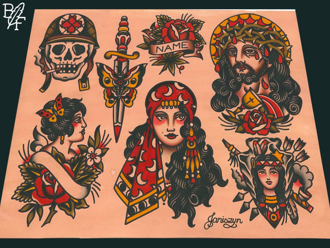 Medic and Gypsy Traditional Tattoo Flash Sheet (11x14) (skull, Gypsy ...