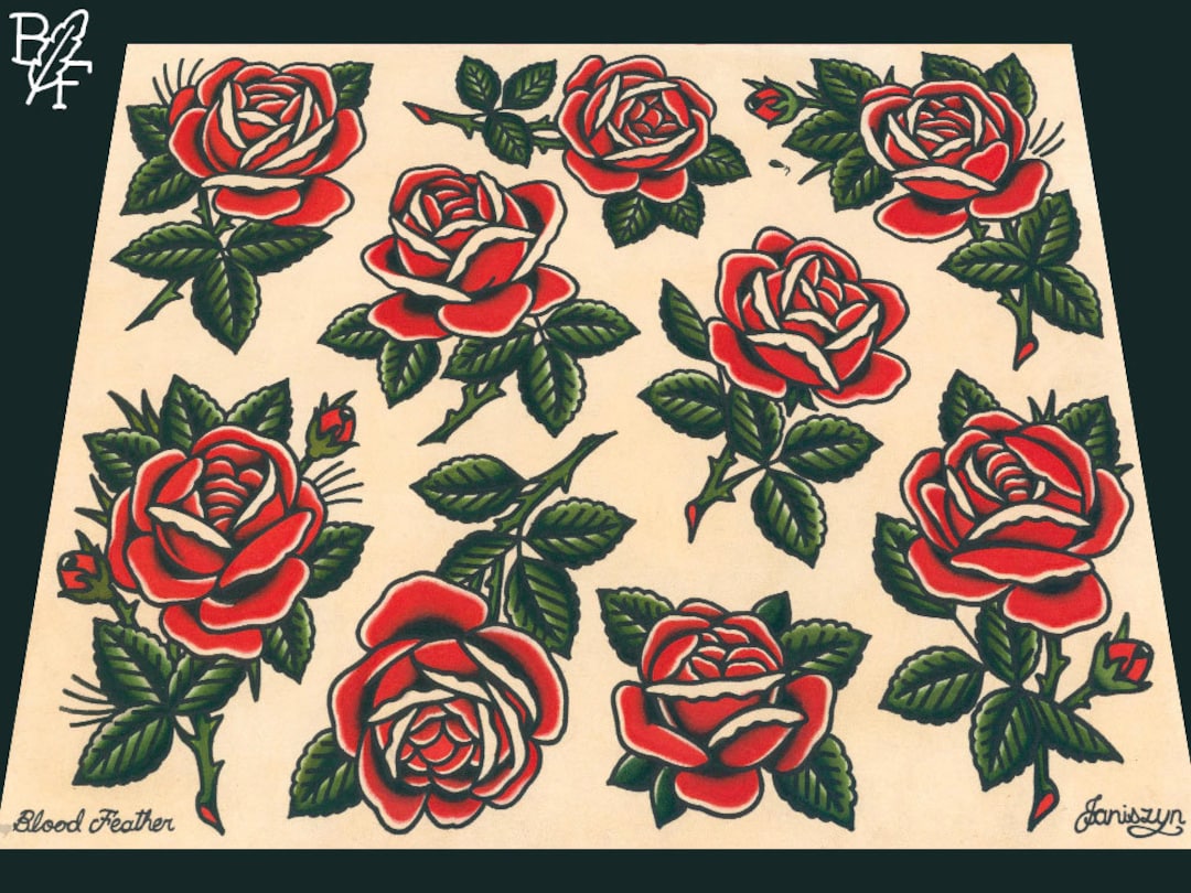Red Roses Traditional Tattoo Flash Sheet (11x14) - Etsy