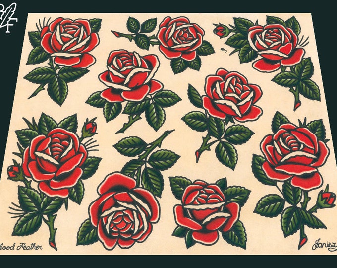 Red Roses Traditional Tattoo Flash Sheet (11x14) - Etsy