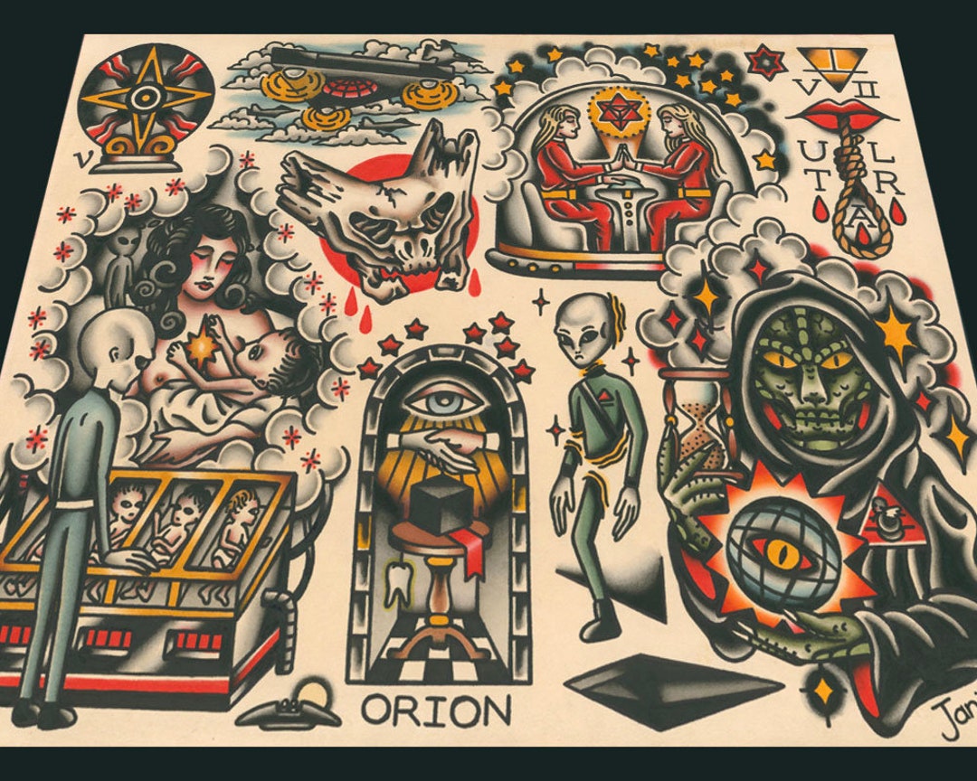 Sheet 4 Alien / Ufo Traditional Tattoo Flash Print 11x14 alien ...