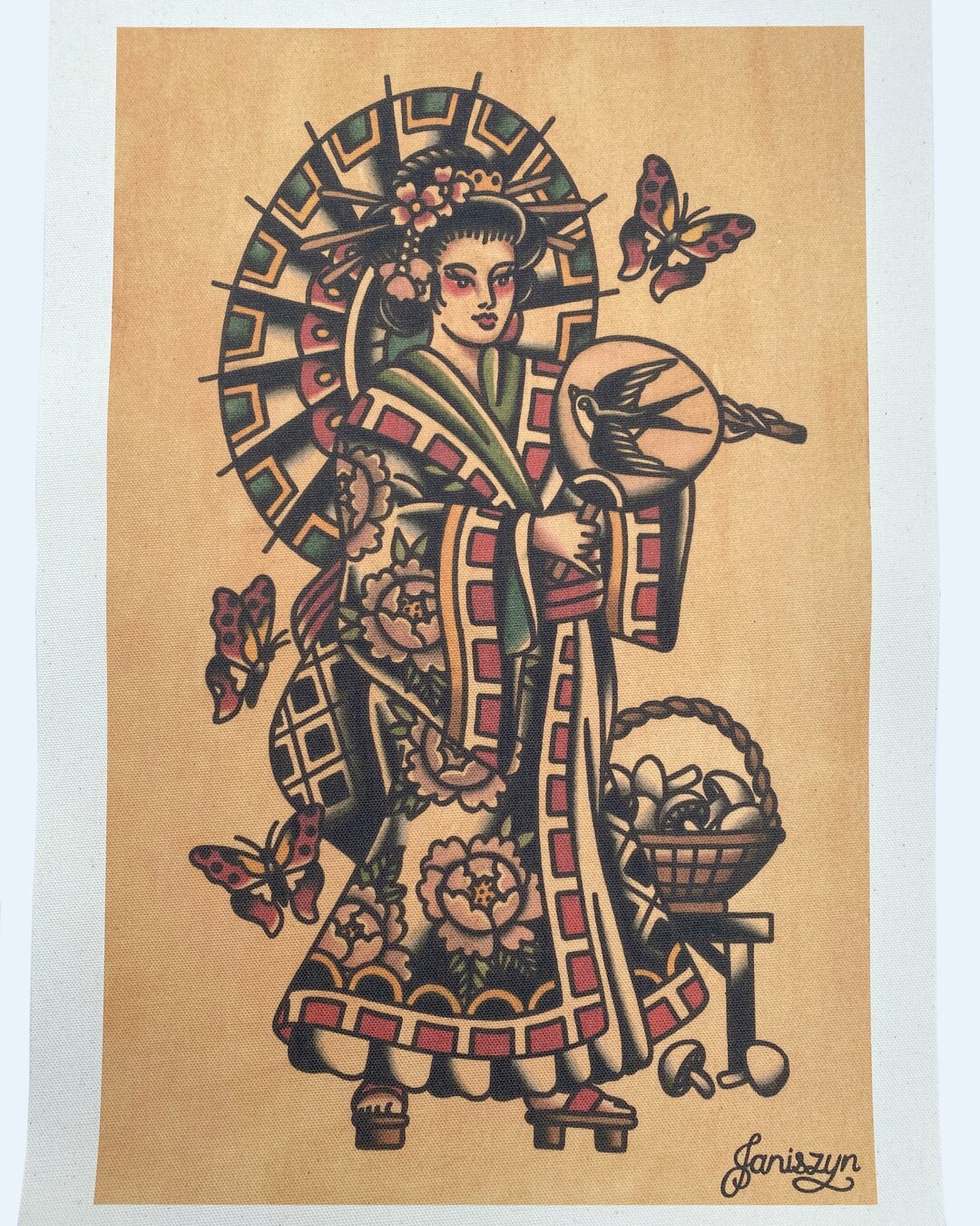 Traditional Tattoo Geisha & Mushrooms Canvas Print LIMITED RUN (13x19 ...