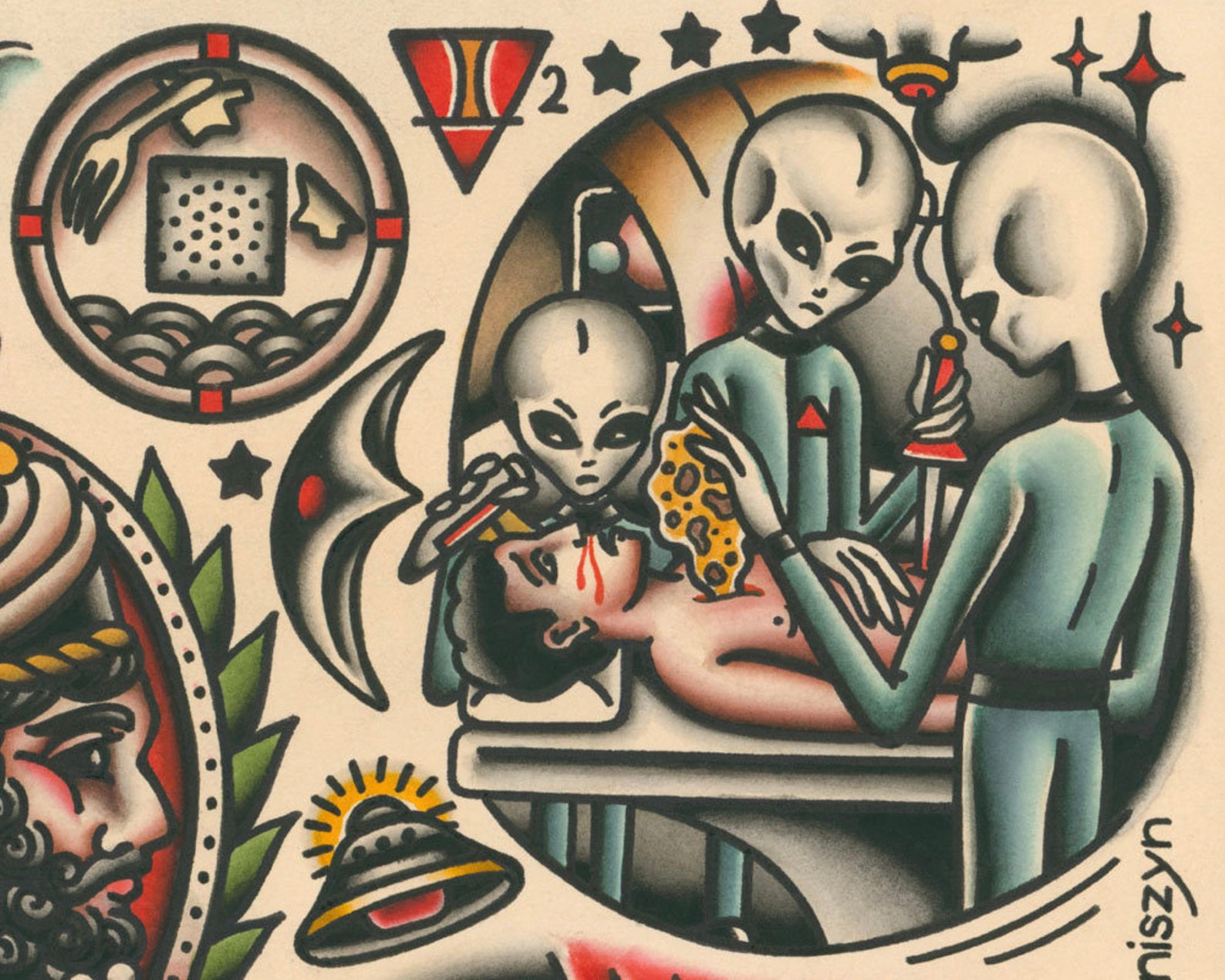 Alien Tattoo Flash Print #3: Traditional UFO Art (11x14) - Etsy